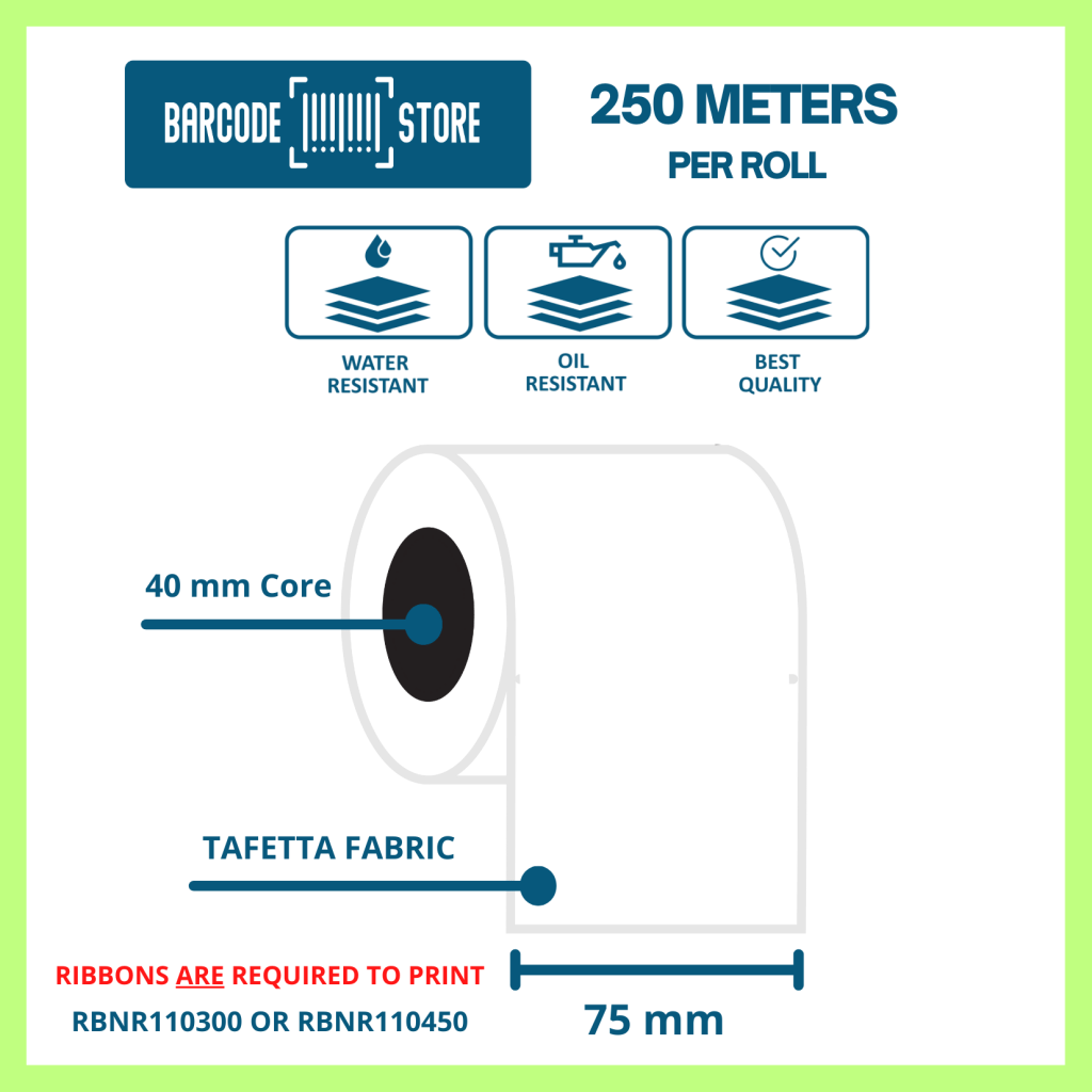 Tafetta Fabric Labels - 75mm x 250mtrs, 1.5 inch core | Barcode Store UAE